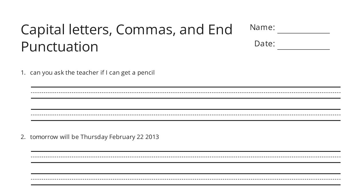 Capital letters, Commas, and End Punctuation - My Worksheet Maker ...