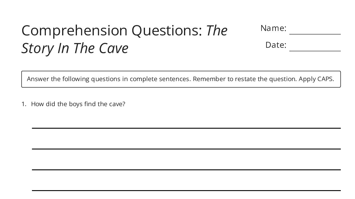 Comprehension Questions: The Story In The Cave - My Worksheet Maker ...