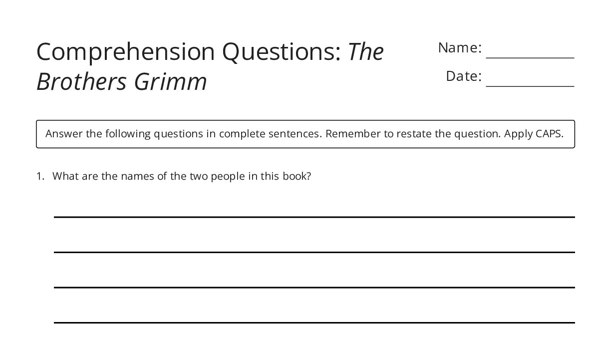 Comprehension Questions: The Brothers Grimm - My Worksheet Maker ...