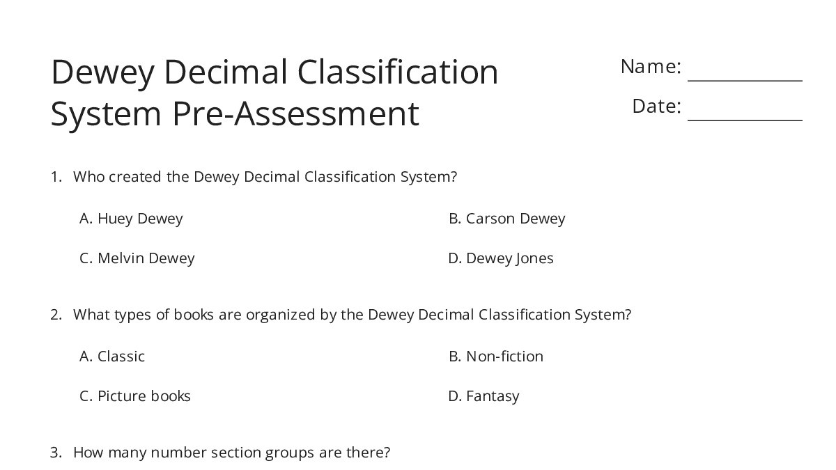 Dewey Decimal Classification System Pre-Assessment - My Worksheet Maker ...