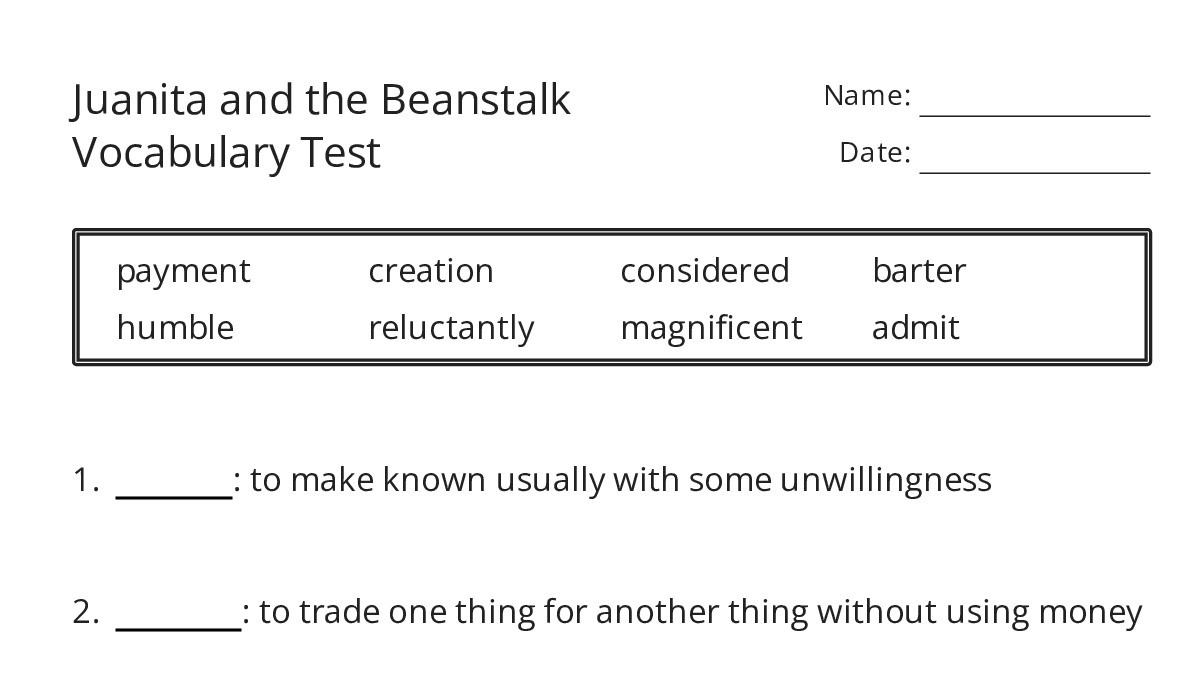 Juanita and the Beanstalk Vocabulary Test - My Worksheet Maker: Create ...