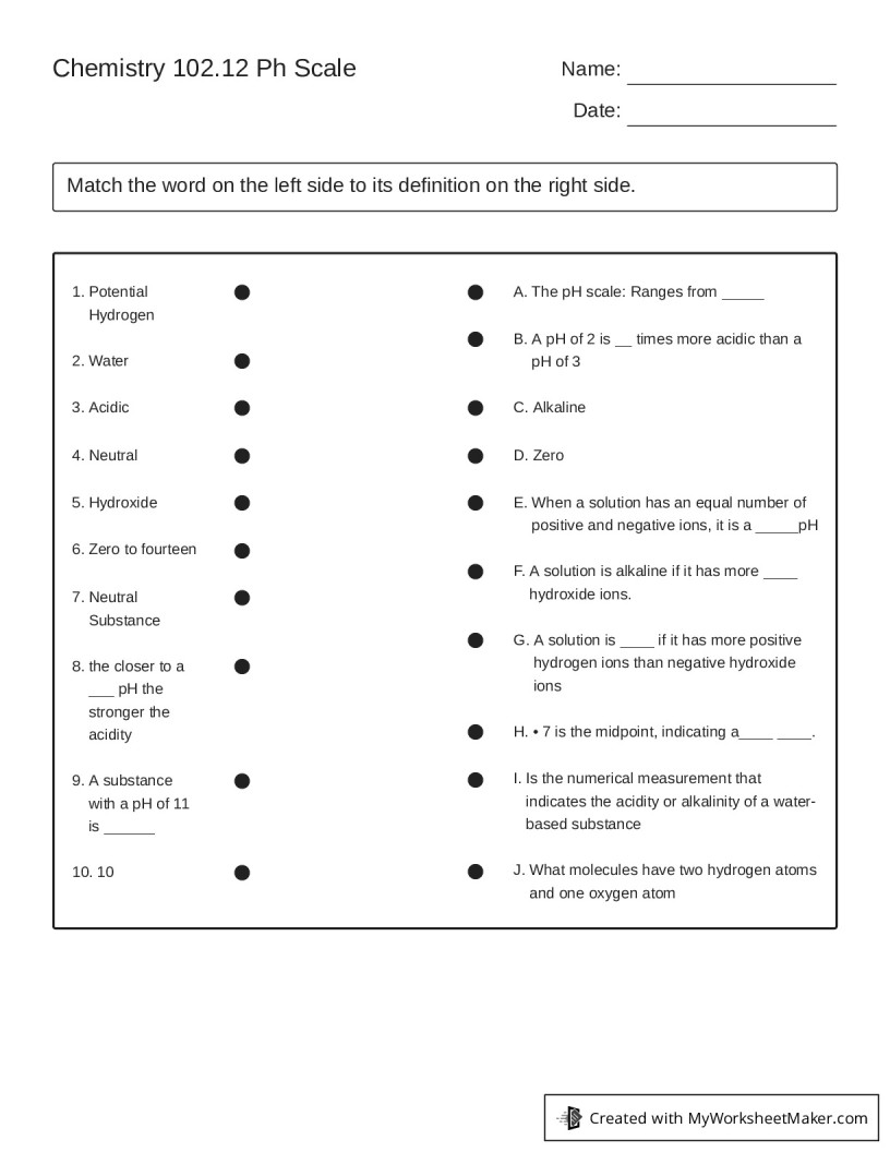 Chemistry 102.12 Ph Scale - My Worksheet Maker: Create Your Own Worksheets