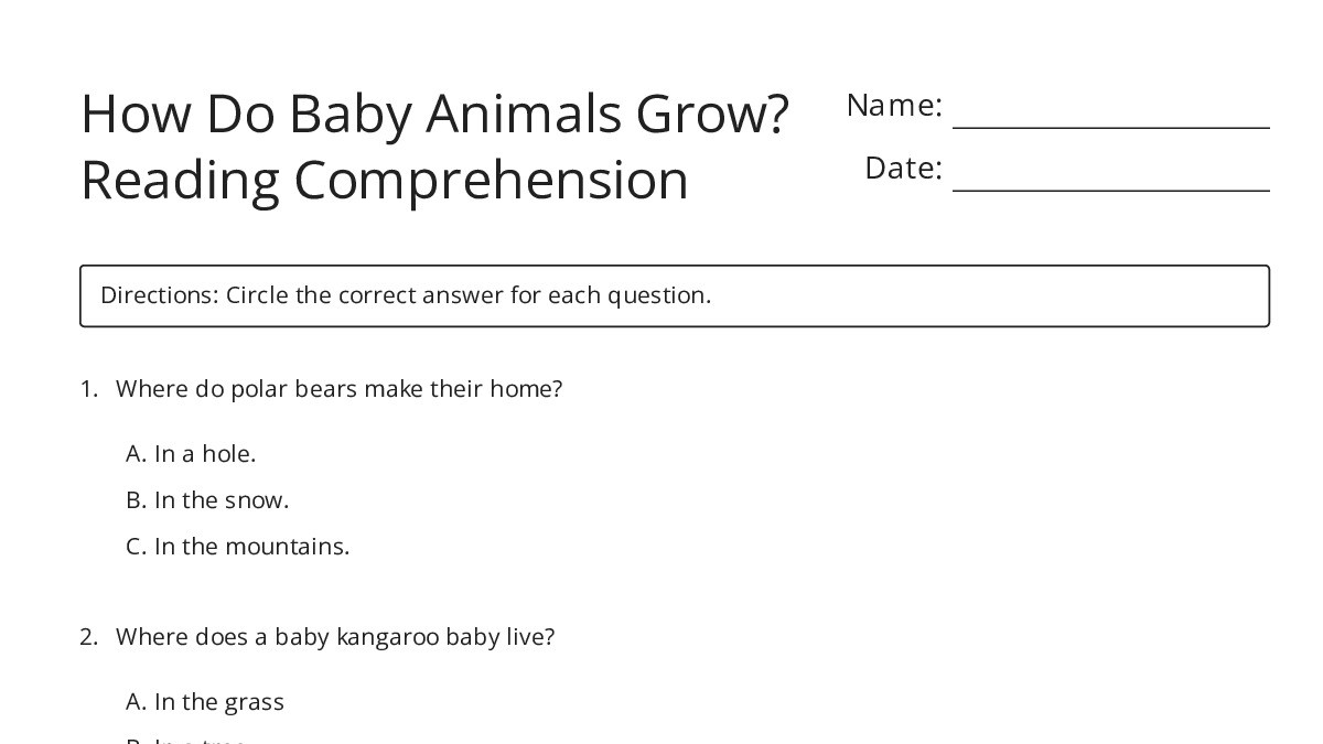 How Do Baby Animals Grow? Reading Comprehension - My Worksheet Maker ...