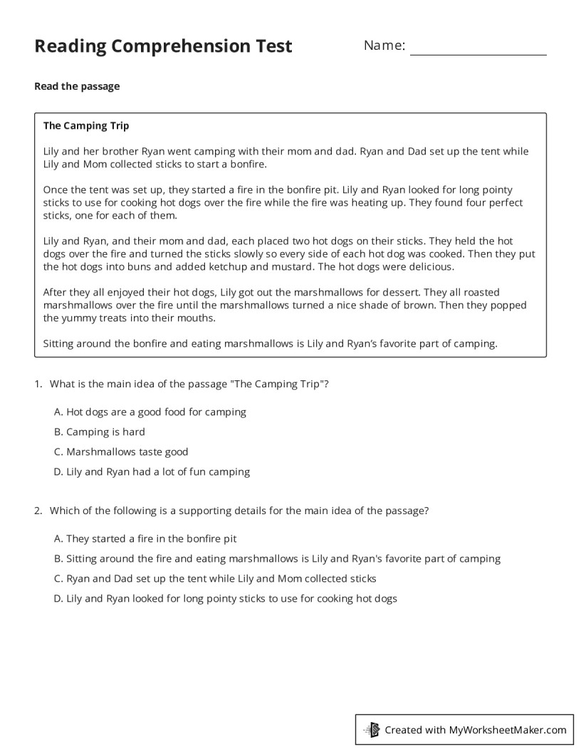 Reading Comprehension Test - My Worksheet Maker: Create Your Own Worksheets