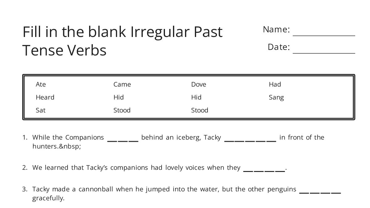 Fill in the blank Irregular Past Tense Verbs - My Worksheet Maker ...