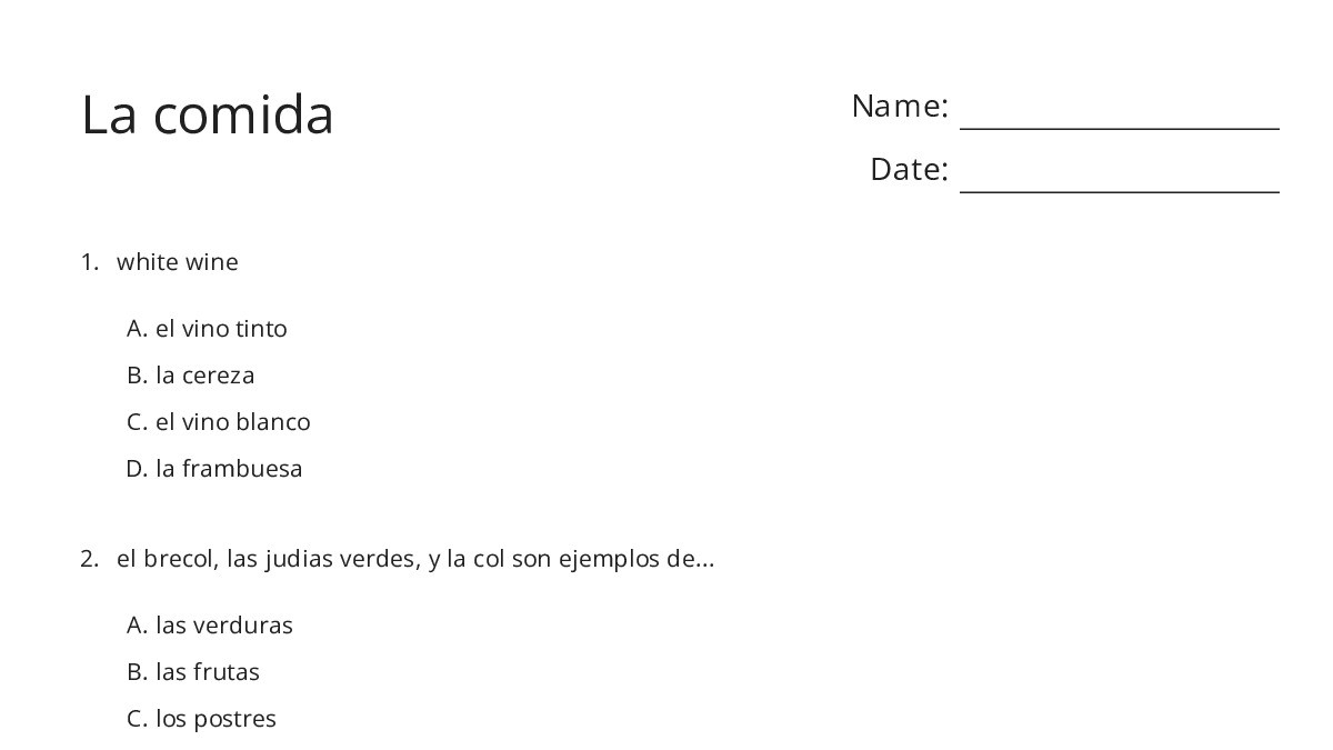 La comida - My Worksheet Maker: Create Your Own Worksheets