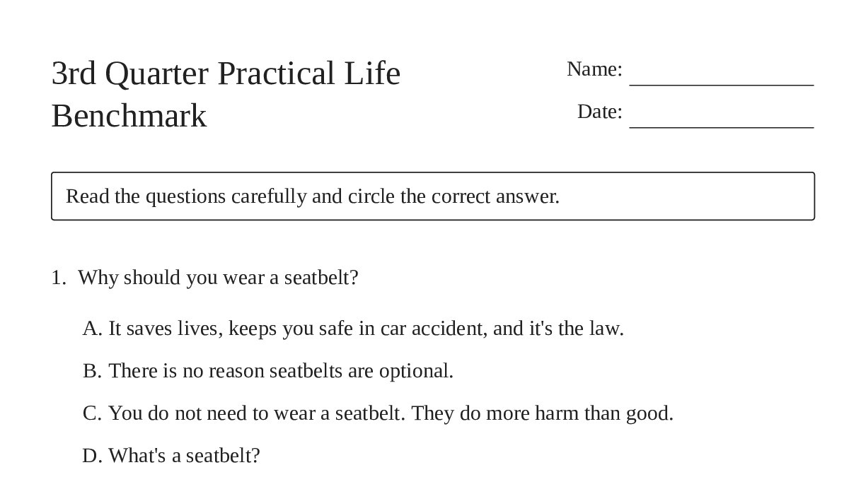 3rd Quarter Practical Life Benchmark - My Worksheet Maker: Create Your ...