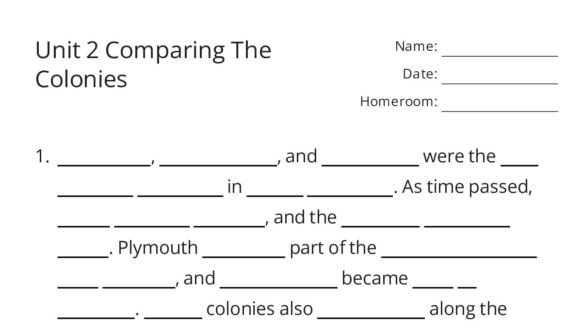 Unit 2 Comparing The Colonies - My Worksheet Maker: Create Your Own ...