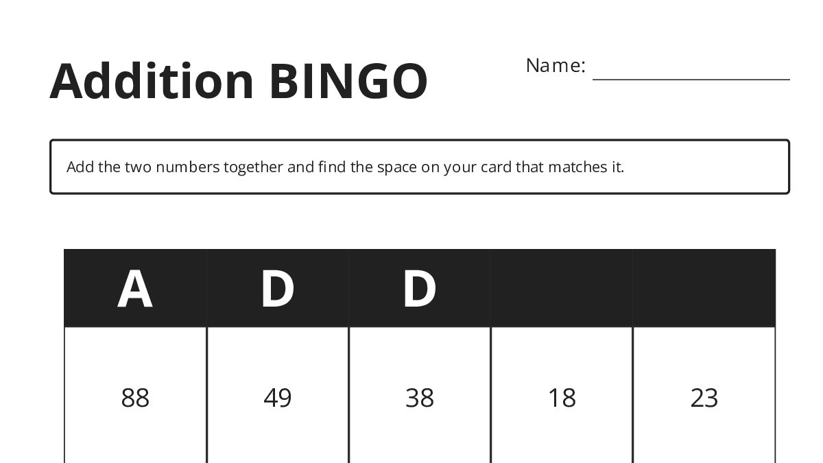 Addition BINGO - My Bingo Maker: Create Your Own Bingo Cards