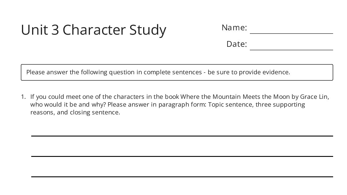 Unit 3 Character Study - My Worksheet Maker: Create Your Own Worksheets