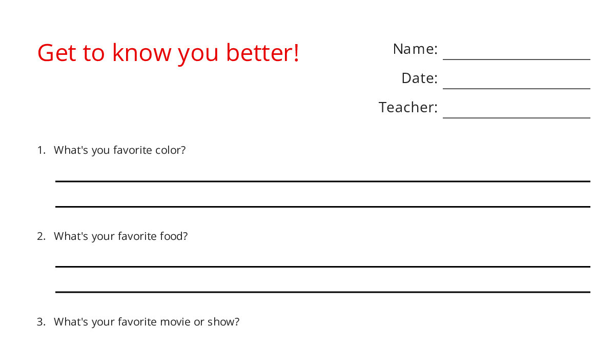 Get to know you better! - My Worksheet Maker: Create Your Own Worksheets