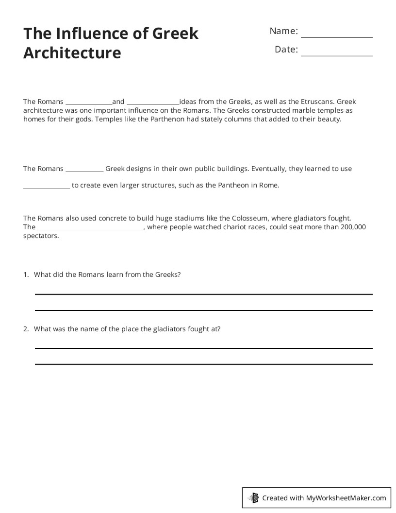 The Influence of Greek Architecture - My Worksheet Maker: Create Your ...