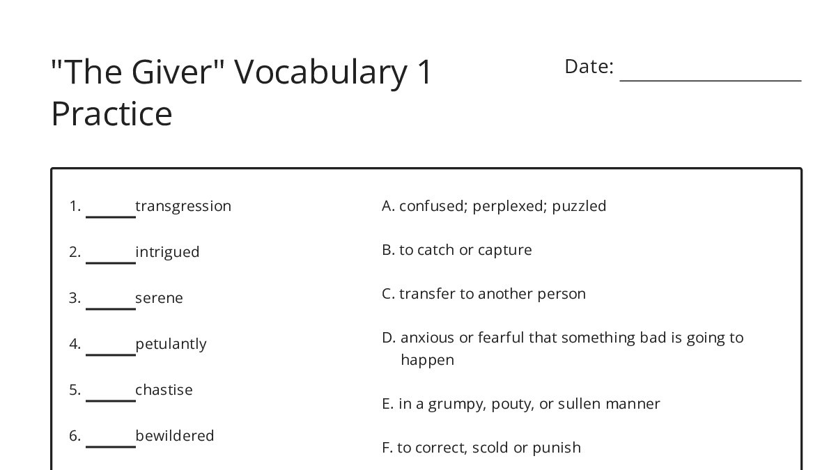 "The Giver" Vocabulary 1 Practice - My Worksheet Maker: Create Your Own ...