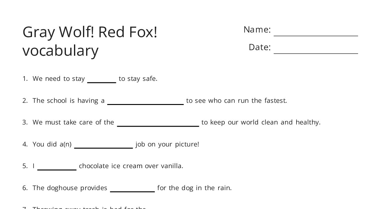 Gray Wolf! Red Fox! vocabulary - My Worksheet Maker: Create Your Own ...