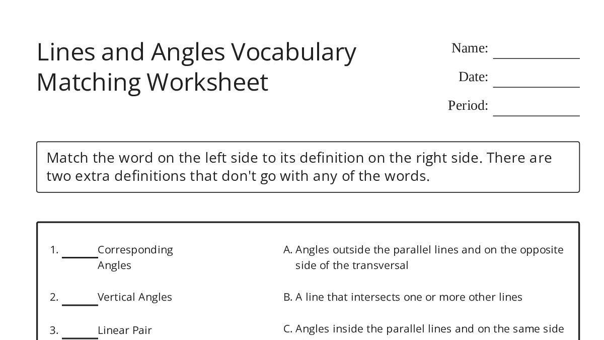 Lines and Angles Vocabulary Matching Worksheet - My Worksheet Maker ...