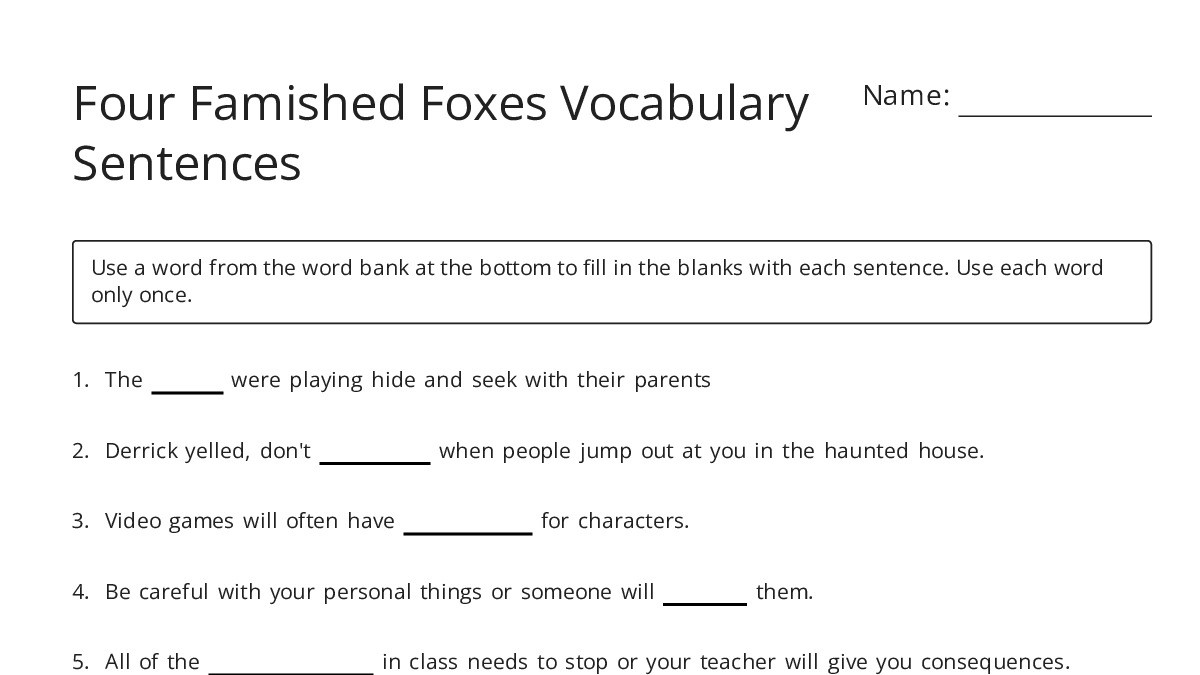 Four Famished Foxes Vocabulary Sentences - My Worksheet Maker: Create ...