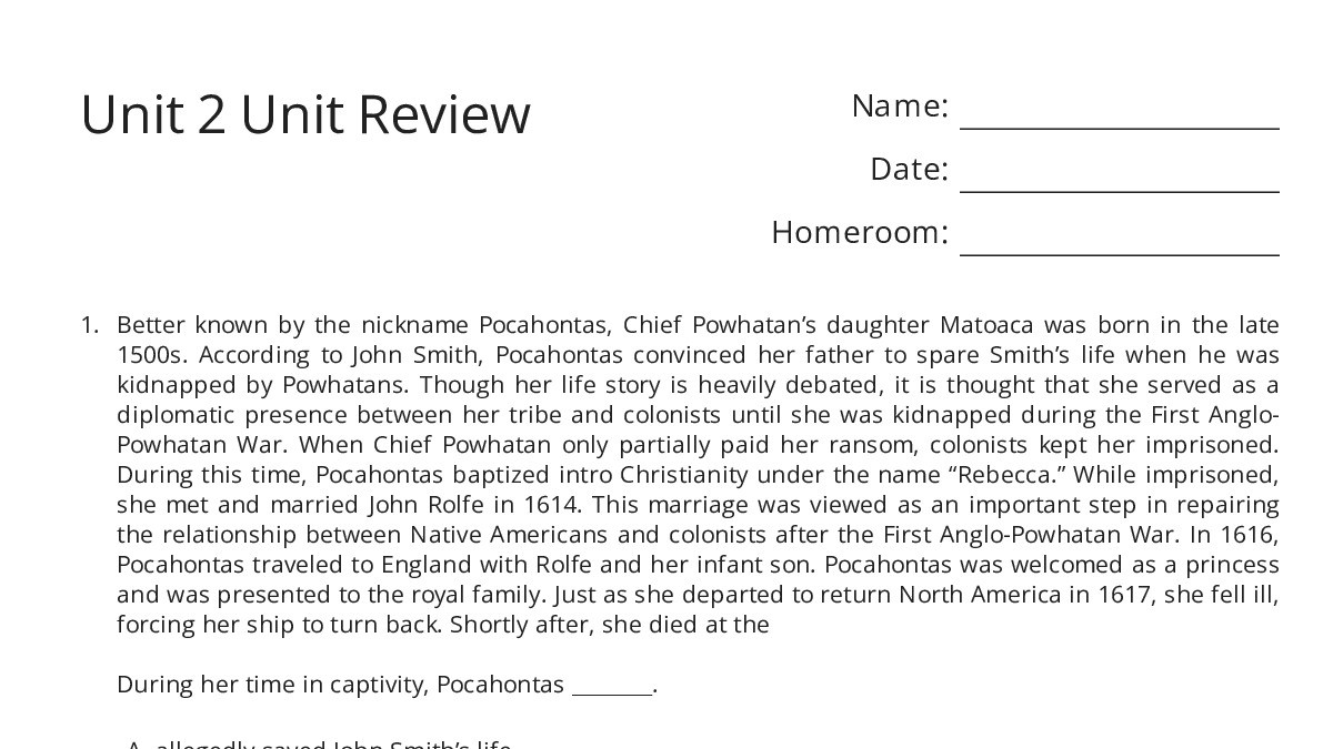 Unit 2 Unit Review - My Worksheet Maker: Create Your Own Worksheets
