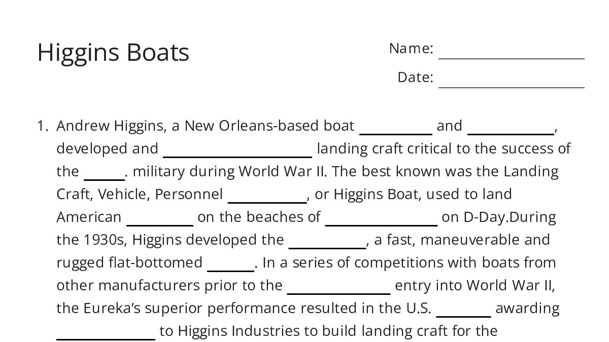 Higgins Boats - My Worksheet Maker: Create Your Own Worksheets