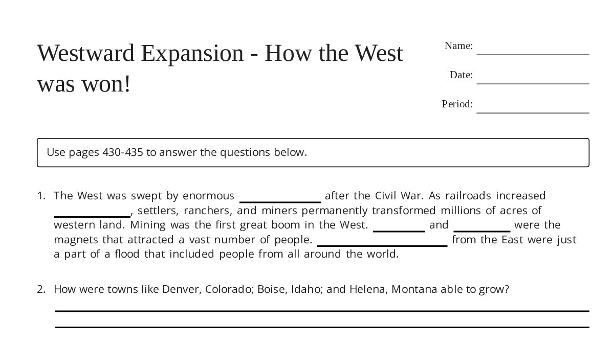 Westward Expansion - How the West was won! - My Worksheet Maker: Create ...