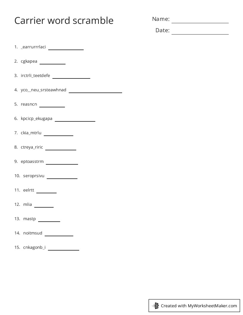 Carrier word scramble - My Worksheet Maker: Create Your Own Worksheets