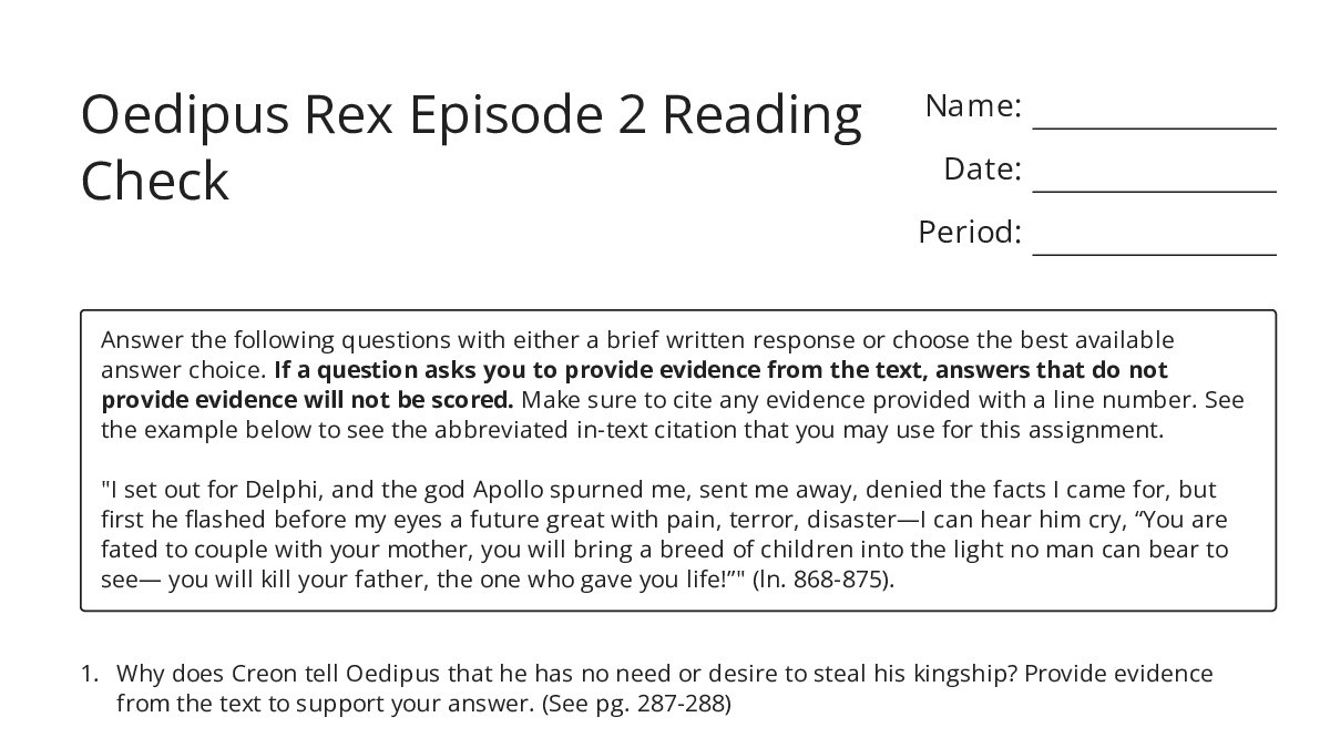 Oedipus Rex Episode 2 Reading Check - My Worksheet Maker: Create Your ...