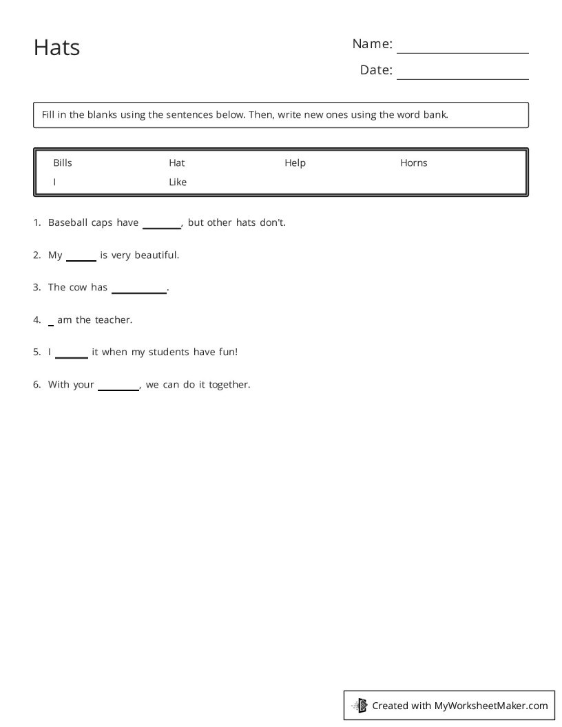 Hats - My Worksheet Maker: Create Your Own Worksheets