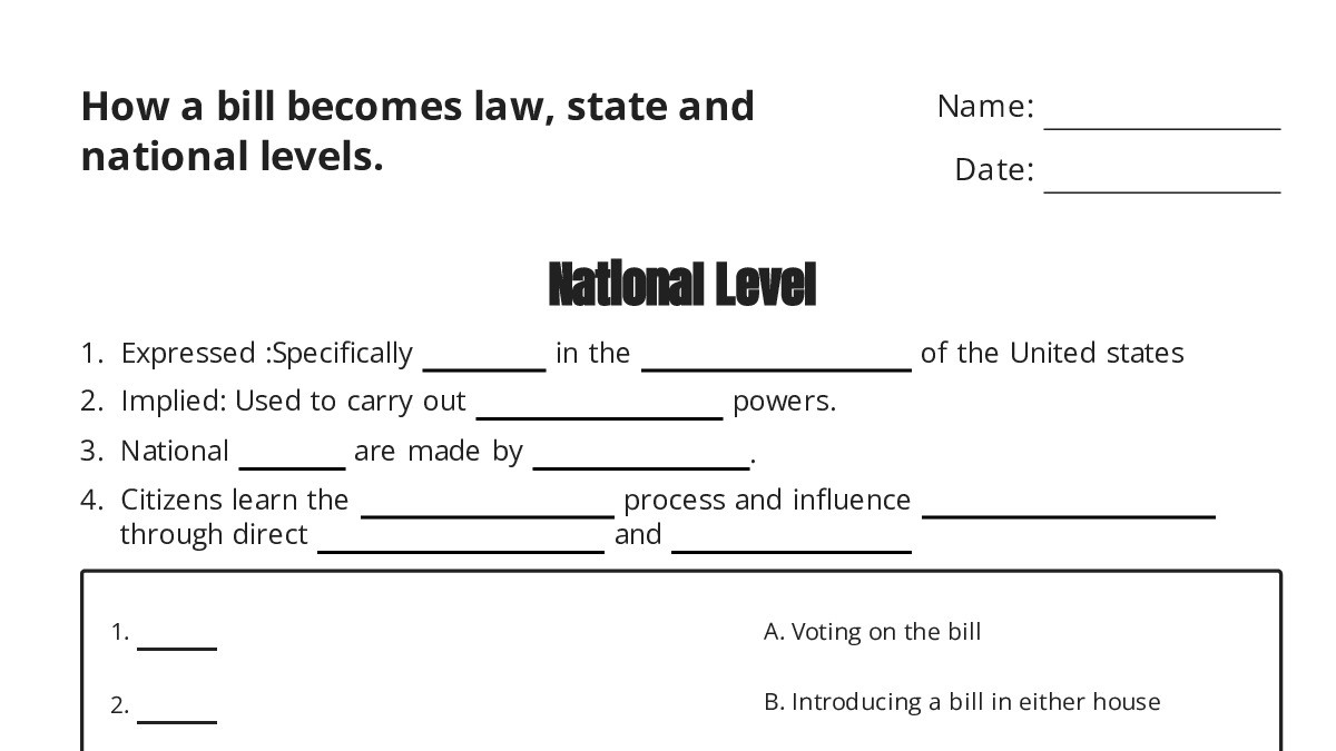 How a bill becomes law, state and national levels. - My Worksheet Maker ...