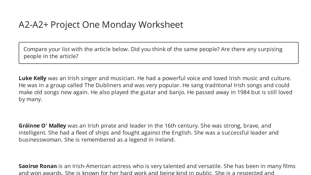 A2-A2+ Project One Monday Worksheet - My Worksheet Maker: Create Your ...