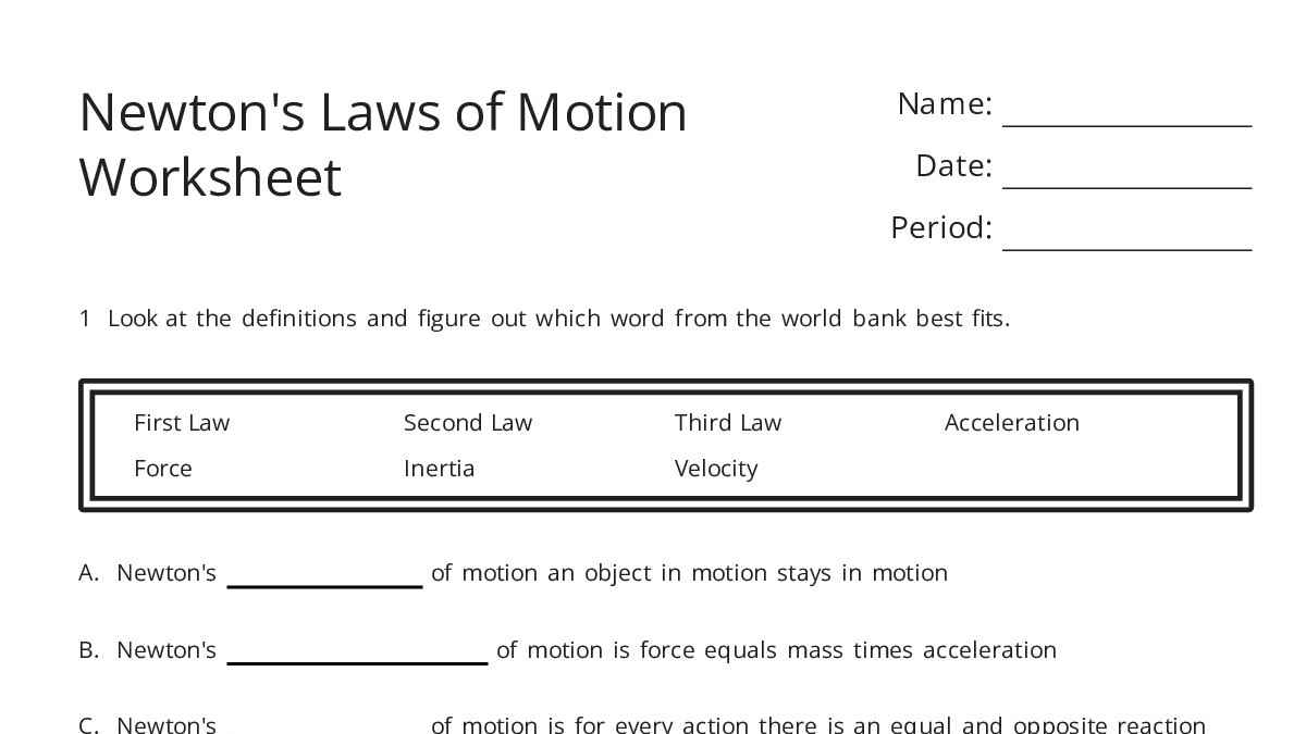 Newton's Laws of Motion Worksheet - My Worksheet Maker: Create Your Own ...