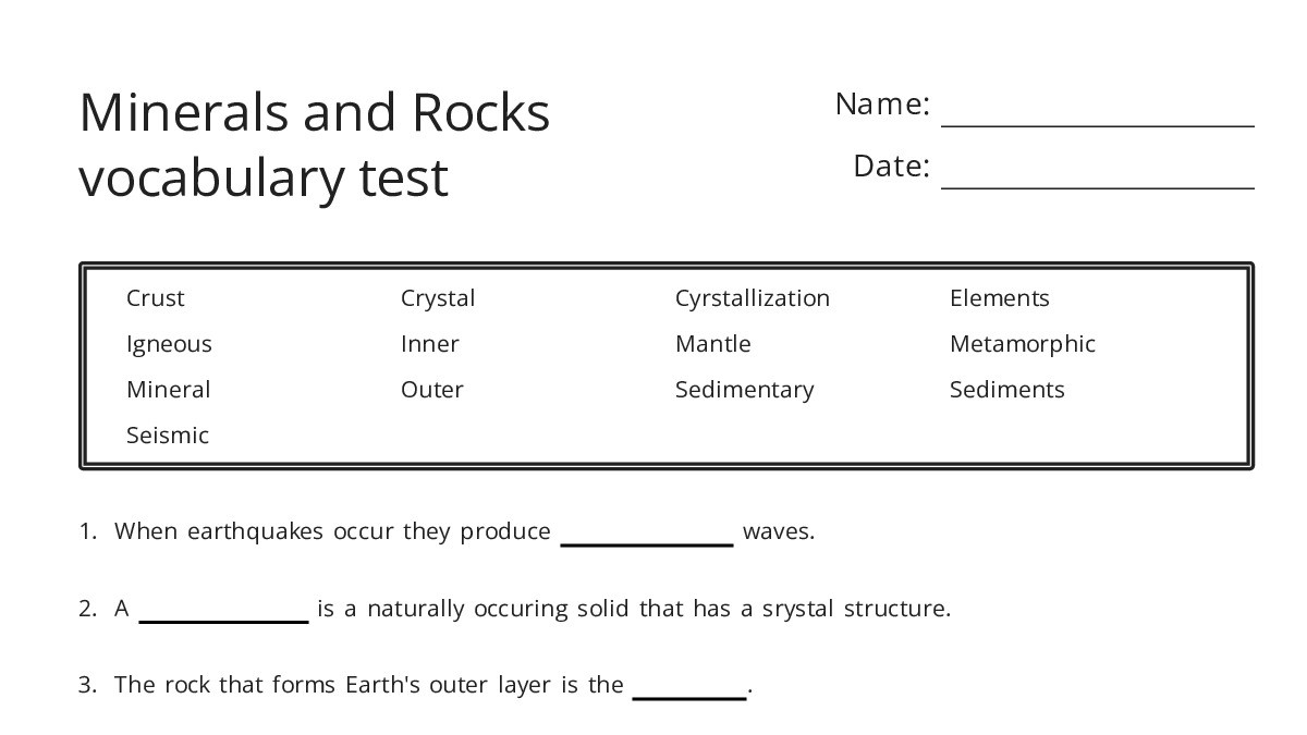 Minerals and Rocks vocabulary test - My Worksheet Maker: Create Your ...