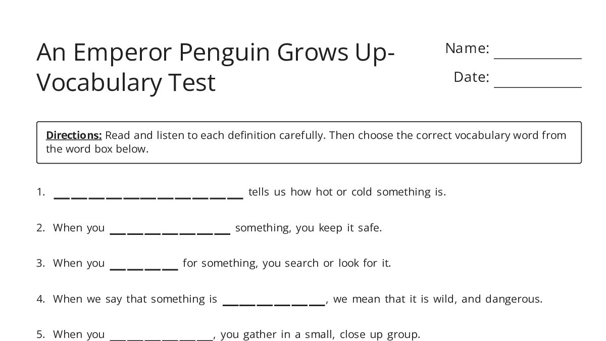 An Emperor Penguin Grows Up- Vocabulary Test - My Worksheet Maker ...