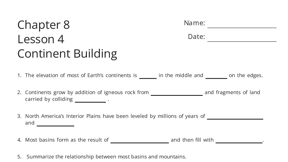Chapter 8 Lesson 4 Continent Building - My Worksheet Maker: Create Your ...