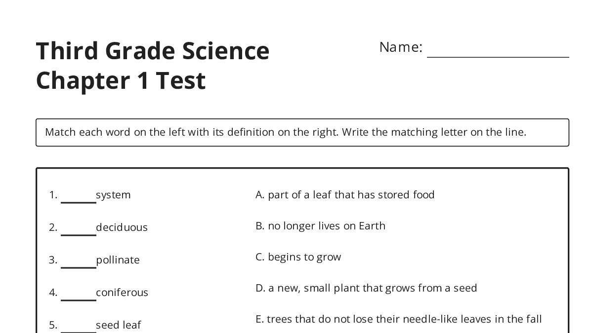 Third Grade Science Chapter 1 Test - My Worksheet Maker: Create Your ...
