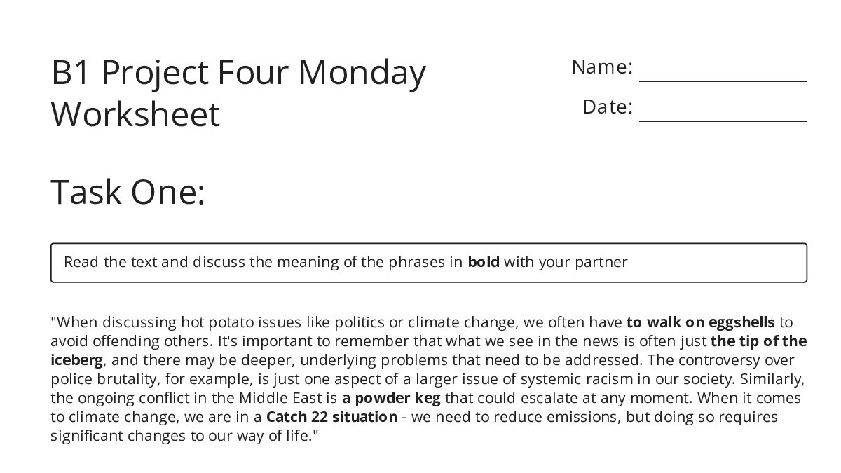 B1 Project Four Monday Worksheet - My Worksheet Maker: Create Your Own ...