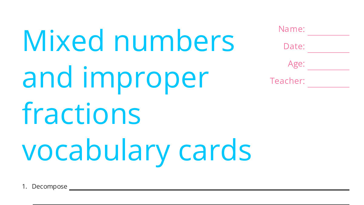 Mixed numbers and improper fractions vocabulary cards - My Worksheet ...