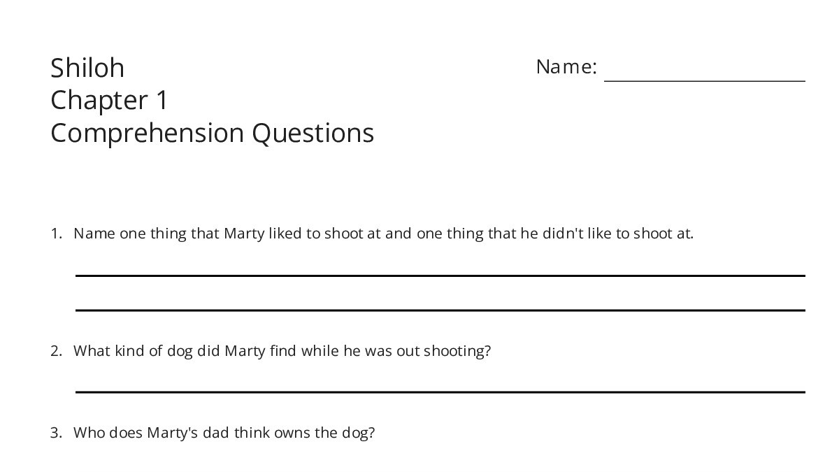 Shiloh Chapter 1 Comprehension Questions - My Worksheet Maker: Create ...