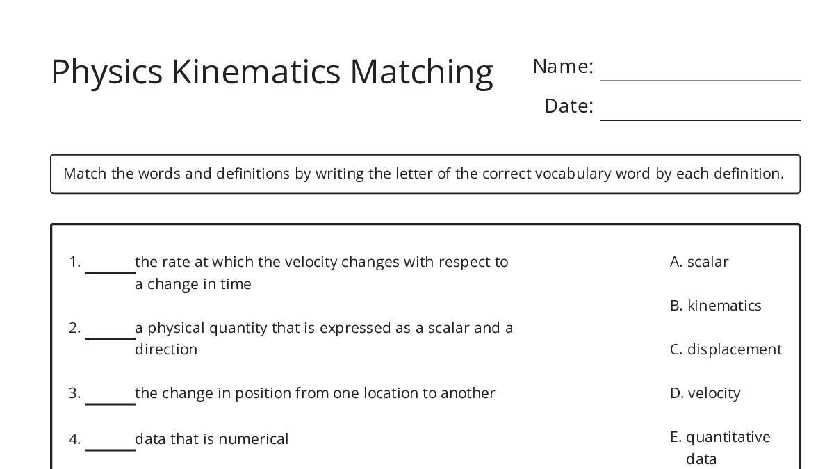 Physics Kinematics Matching - My Worksheet Maker: Create Your Own ...
