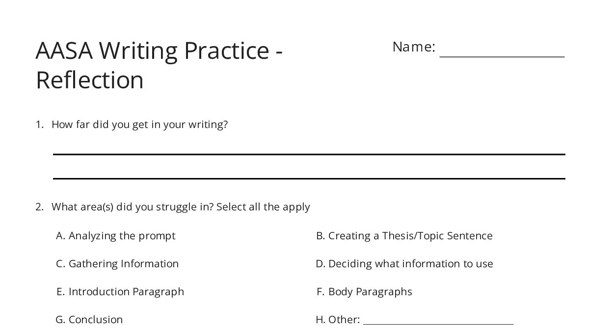 AASA Writing Practice - Reflection - My Worksheet Maker: Create Your ...