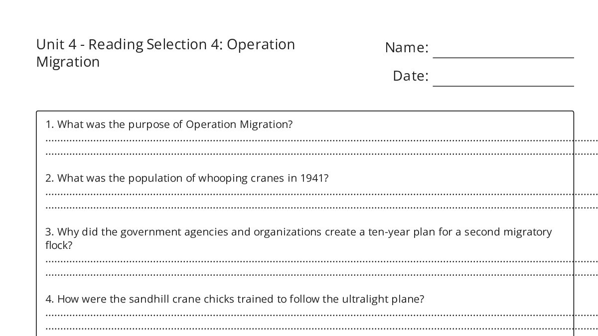 Unit 4 - Reading Selection 4: Operation Migration - My Worksheet Maker ...