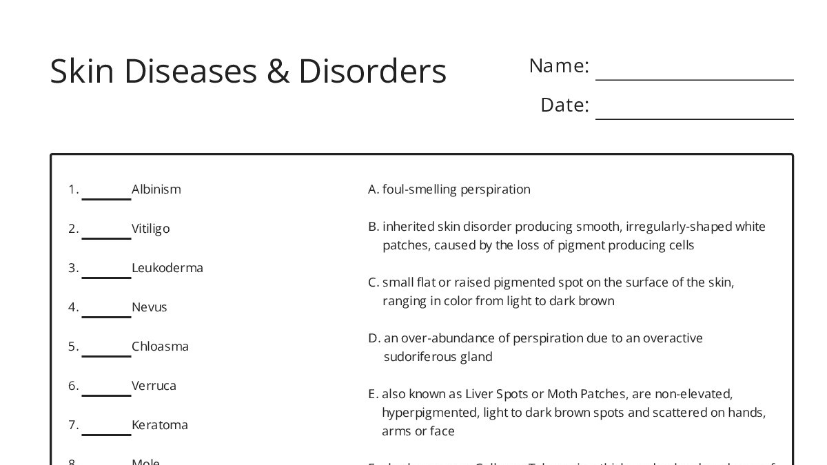 Skin Diseases & Disorders - My Worksheet Maker: Create Your Own Worksheets