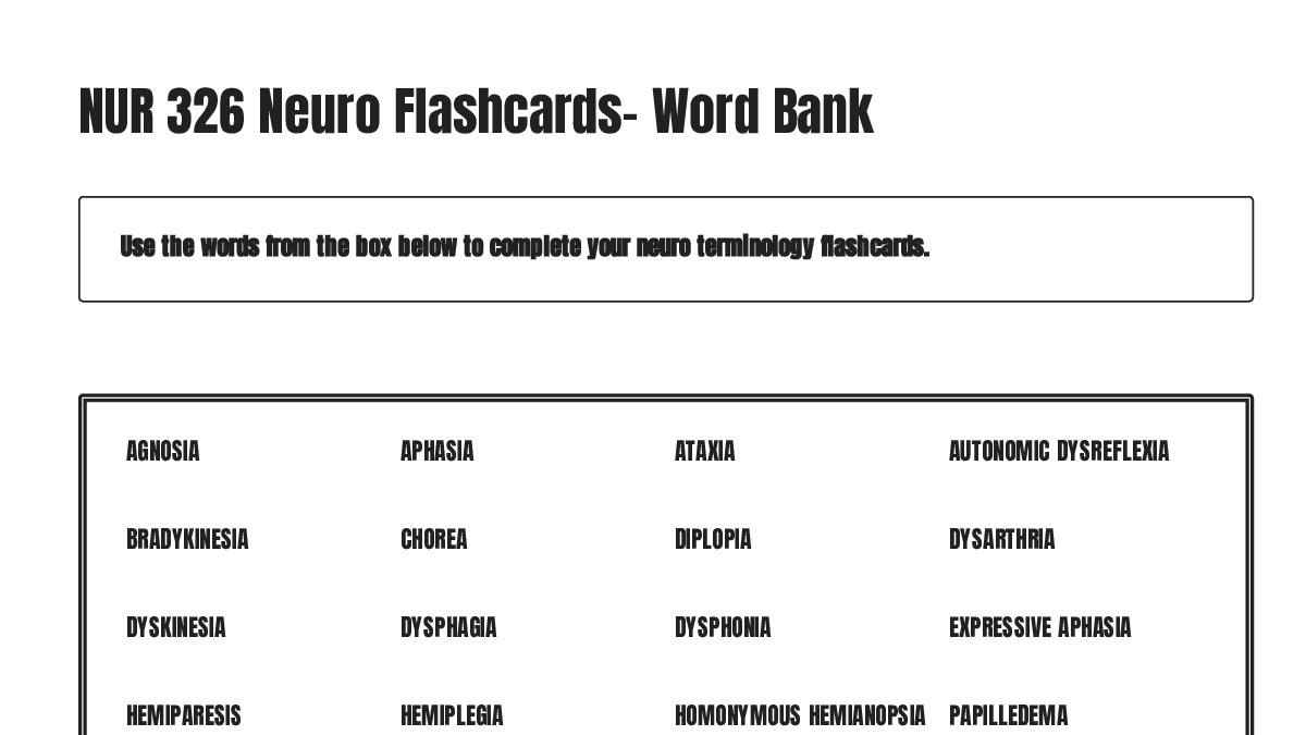 NUR 326 Neuro Flashcards- Word Bank - My Worksheet Maker: Create Your ...
