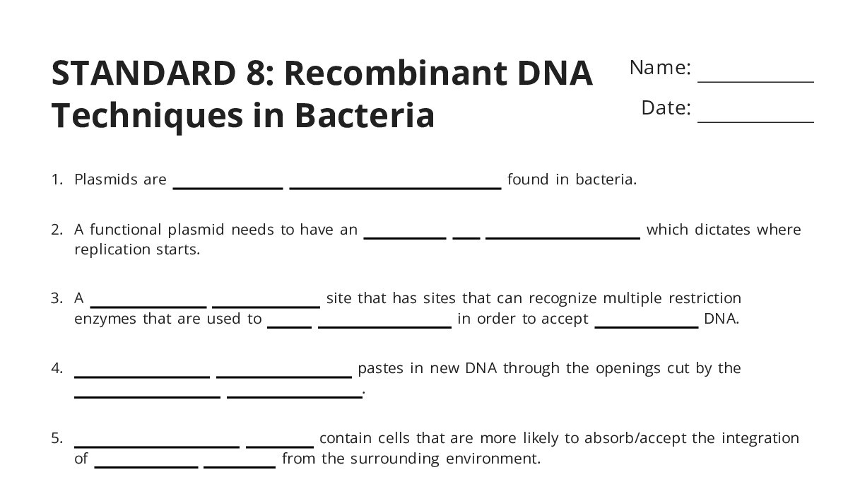 STANDARD 8: Recombinant DNA Techniques in Bacteria - My Worksheet Maker ...