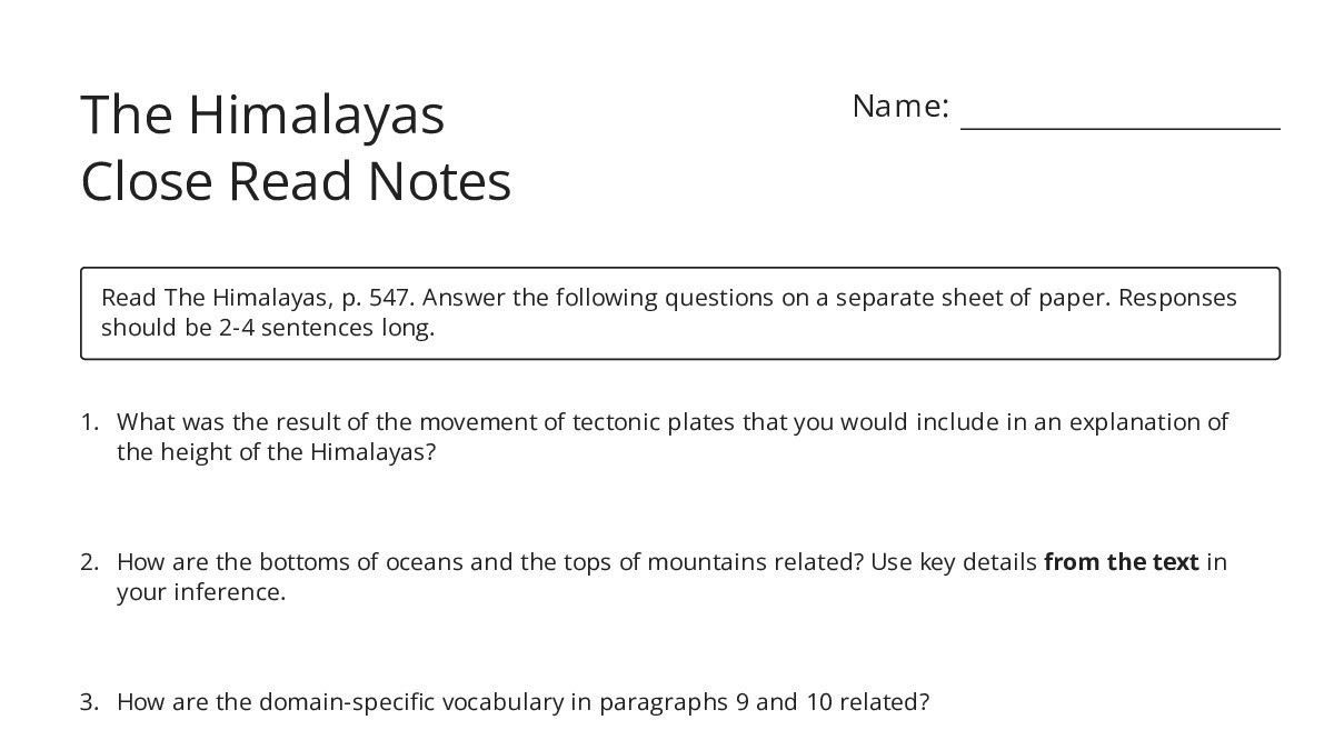 The Himalayas Close Read Notes - My Worksheet Maker: Create Your Own ...
