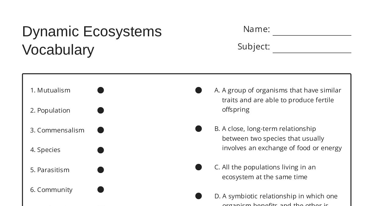Dynamic Ecosystems Vocabulary - My Worksheet Maker: Create Your Own ...