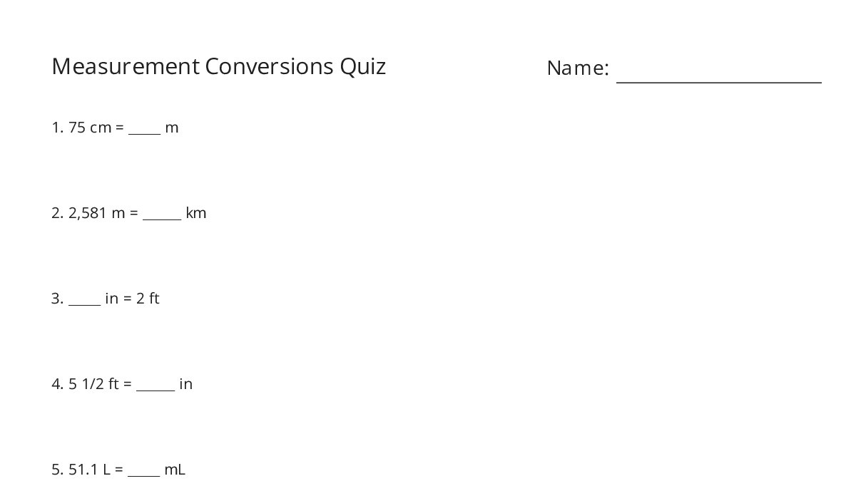 Measurement Conversions Quiz - My Worksheet Maker: Create Your Own ...