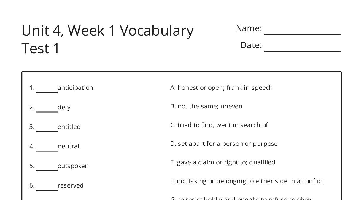 Unit 4, Week 1 Vocabulary Test 1 - My Worksheet Maker: Create Your Own ...