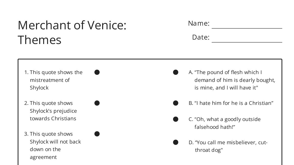Merchant of Venice: Themes - My Worksheet Maker: Create Your Own Worksheets