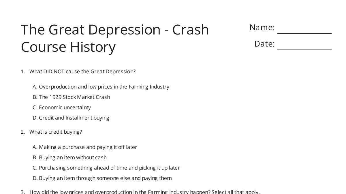 The Great Depression - Crash Course History - My Worksheet Maker ...