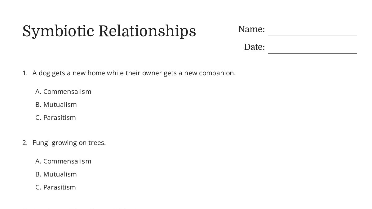 Symbiotic Relationships - My Worksheet Maker: Create Your Own Worksheets