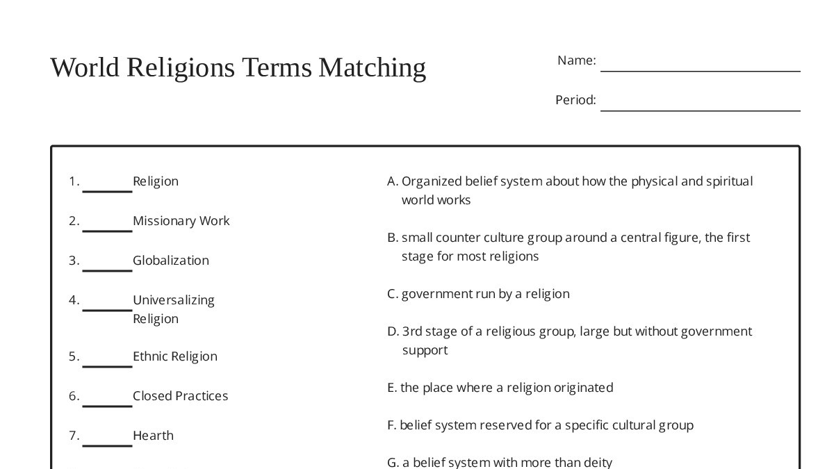 World Religions Terms Matching - My Worksheet Maker: Create Your Own ...